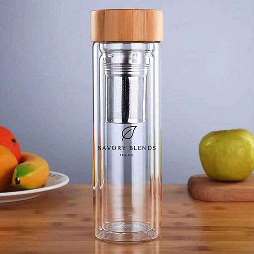 Double Wall Glass Tea Bottle with Bamboo Lid (Includes Black Carrying ...